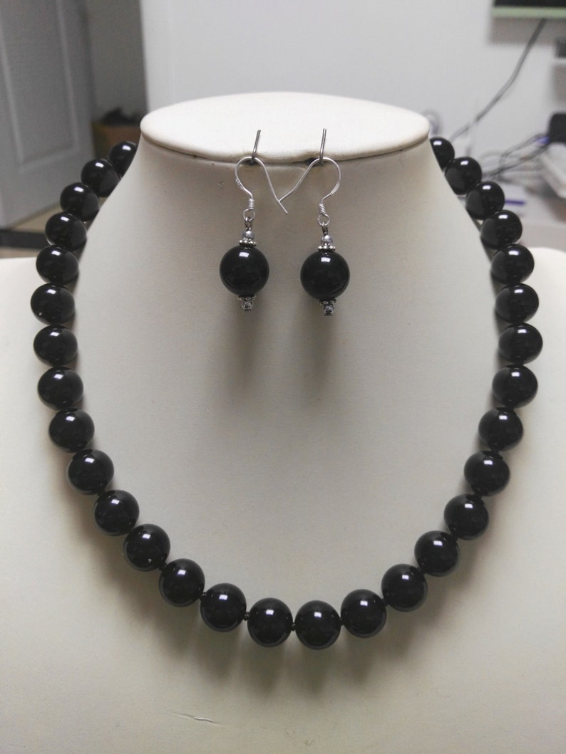 Jade Necklace 12mm Black Jade Necklace & Earring Set - Etsy