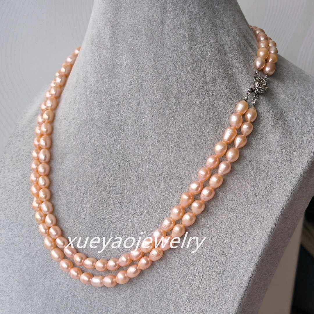 Pink Freshwater Cultured Pearl Necklace: Double Strand Real Pearl ...