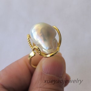 Baroque Pearl Ring, Big White Freshwater Pearl Ring, Adjustable Ring, Open Pearl Ring, Statement ...