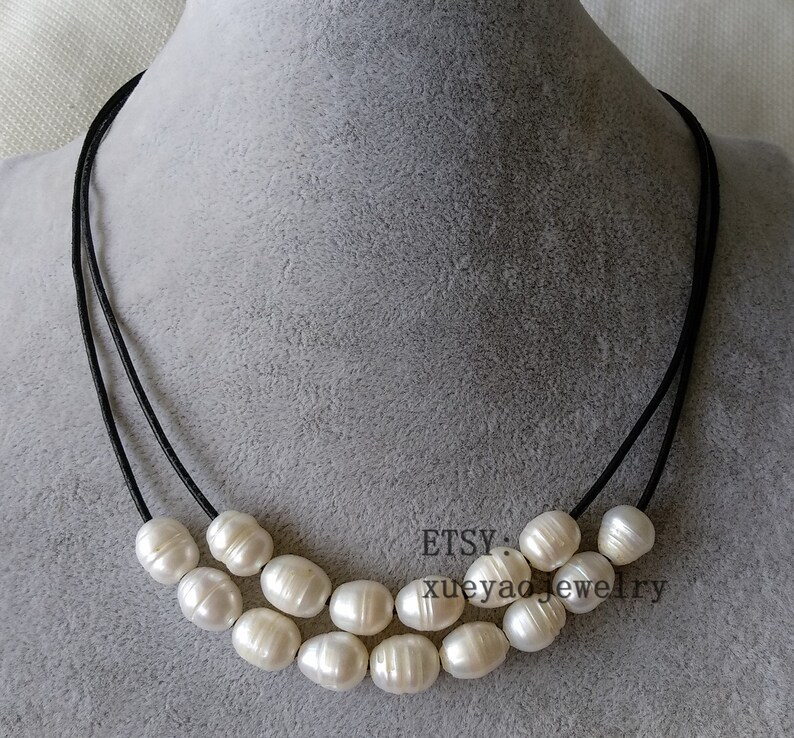 Pearl Necklace 2 Strands 10 11 Mm White Gray Freshwater Pearl Etsy