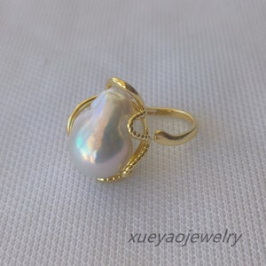 Baroque Pearl Ring, Big White Freshwater Pearl Ring, Adjustable Ring, Open Pearl Ring, Statement ...