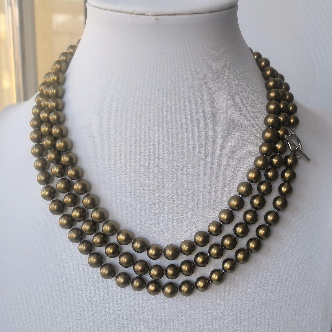Shell Pearl Necklace, 8 Mm Dark Green Shell Pearl Long Necklace - Etsy