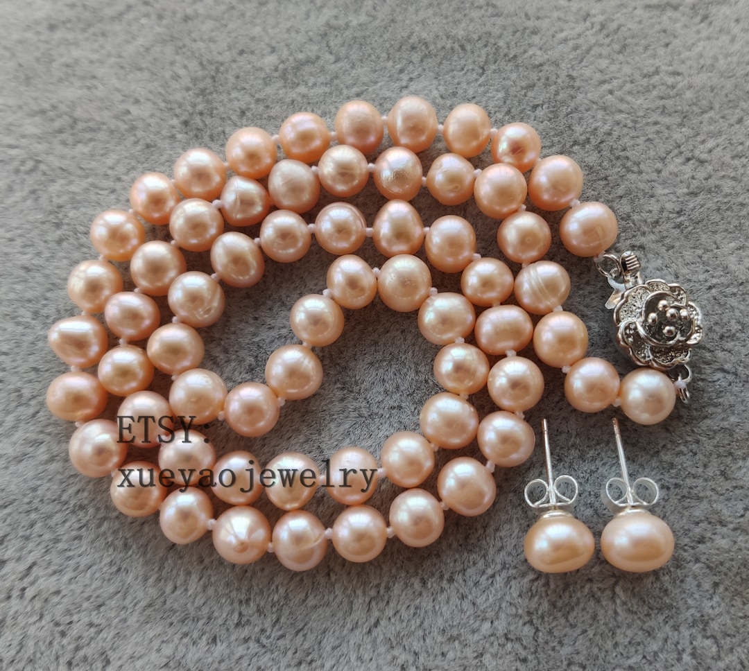 6-6.5 Mm Pink Freshwater Pearl Necklace & Earrings Set: Bridal Wedding ...