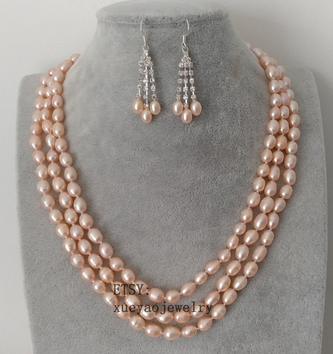 Pearl Set 3 Rows 7-8 Mm Pink Freshwater Pearl Necklace & Earrings Set ...