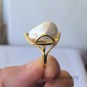 Baroque Pearl Ring, Big White Freshwater Pearl Ring, Adjustable Ring, Open Pearl Ring, Statement ...