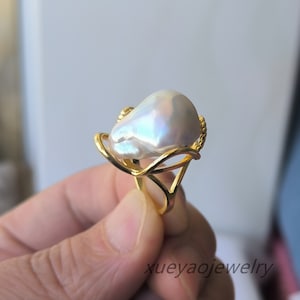 Baroque Pearl Ring, Big White Freshwater Pearl Ring, Adjustable Ring, Open Pearl Ring, Statement ...