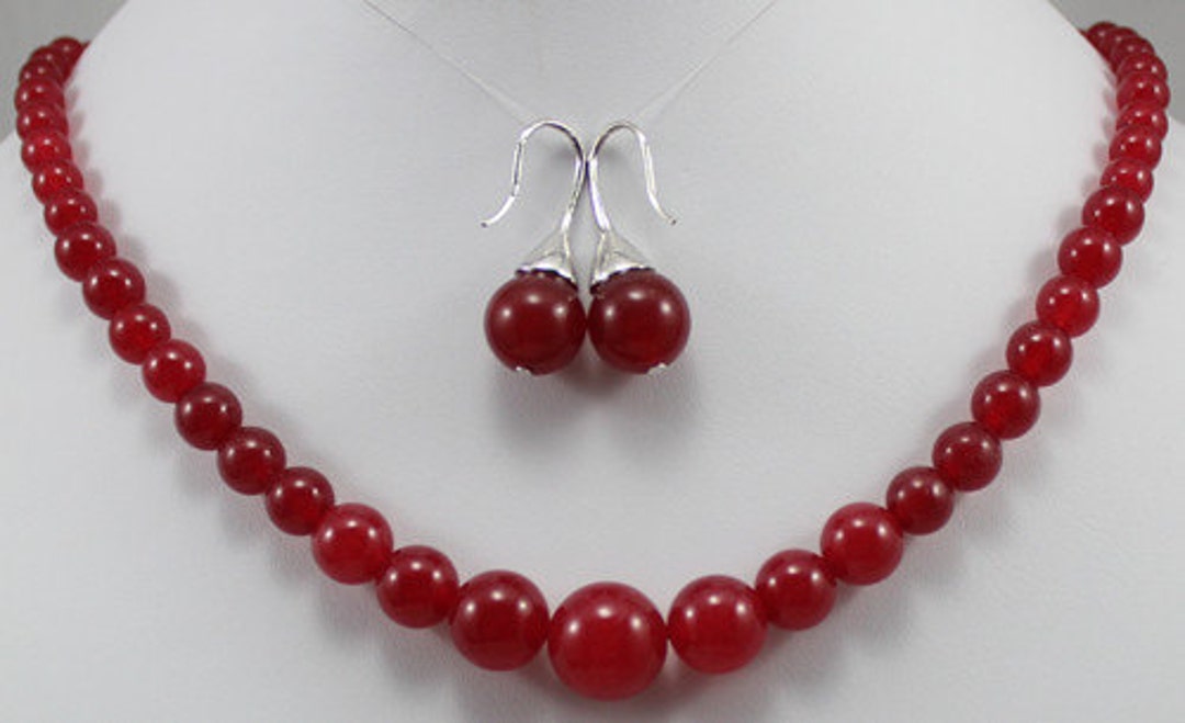 Red Jade Necklace, 6-14 Mm Red Jade Necklace Earrings Set, Wedding ...