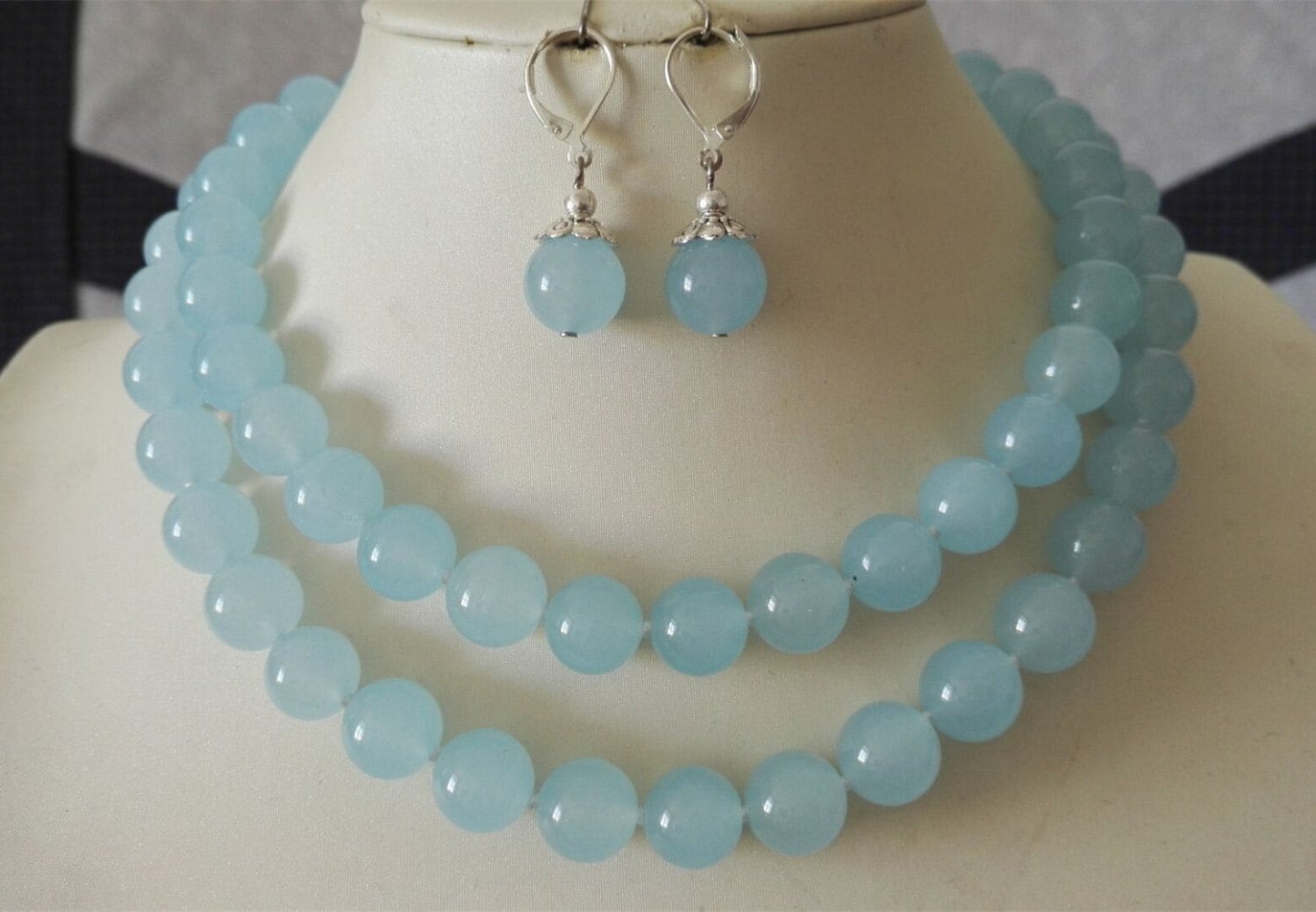 beautiful jade set 12mm light blue jade bead necklace & | Etsy
