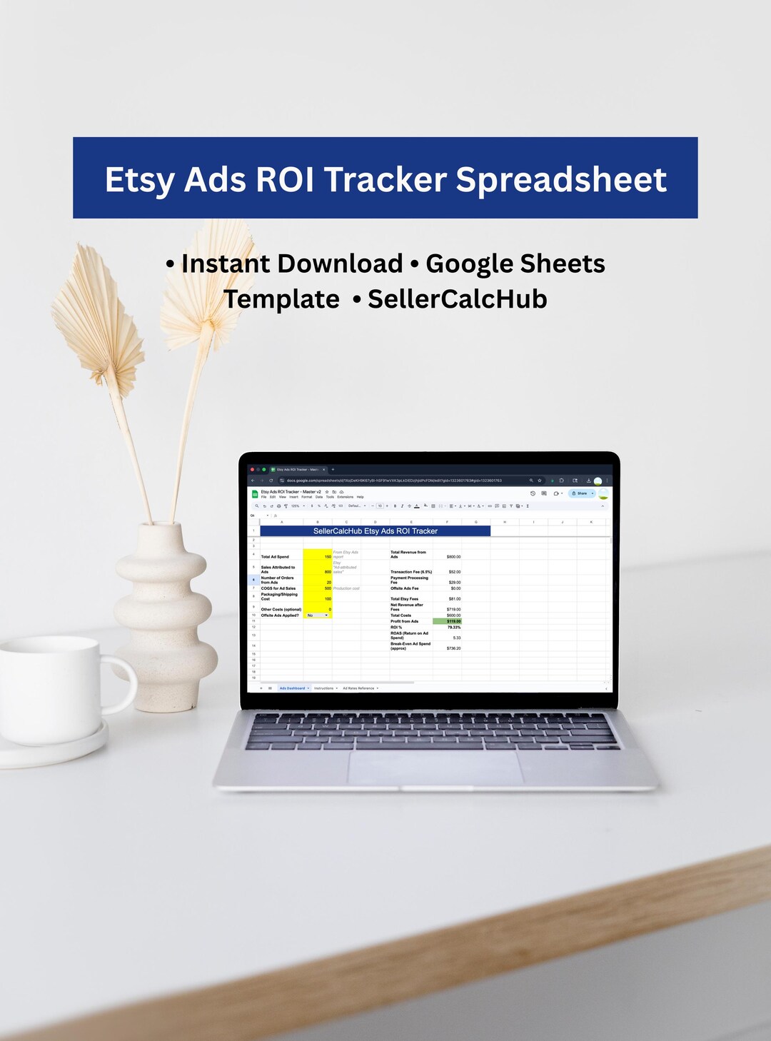 Etsy Ads ROI Tracker Spreadsheet - Google Sheets Template Instant ...