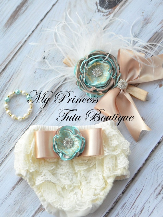 Items similar to Newborn Ivory Lace Bloomers With Aqua & Gold, Newborn ...