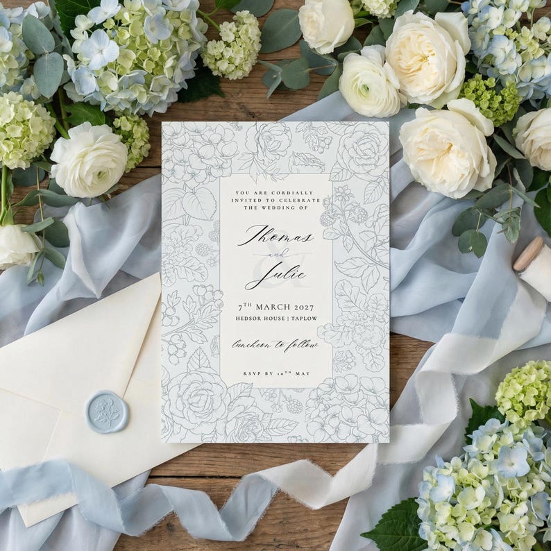 Hydrangeas & Roses Wedding Invitation Template | Romantic Botanical ...