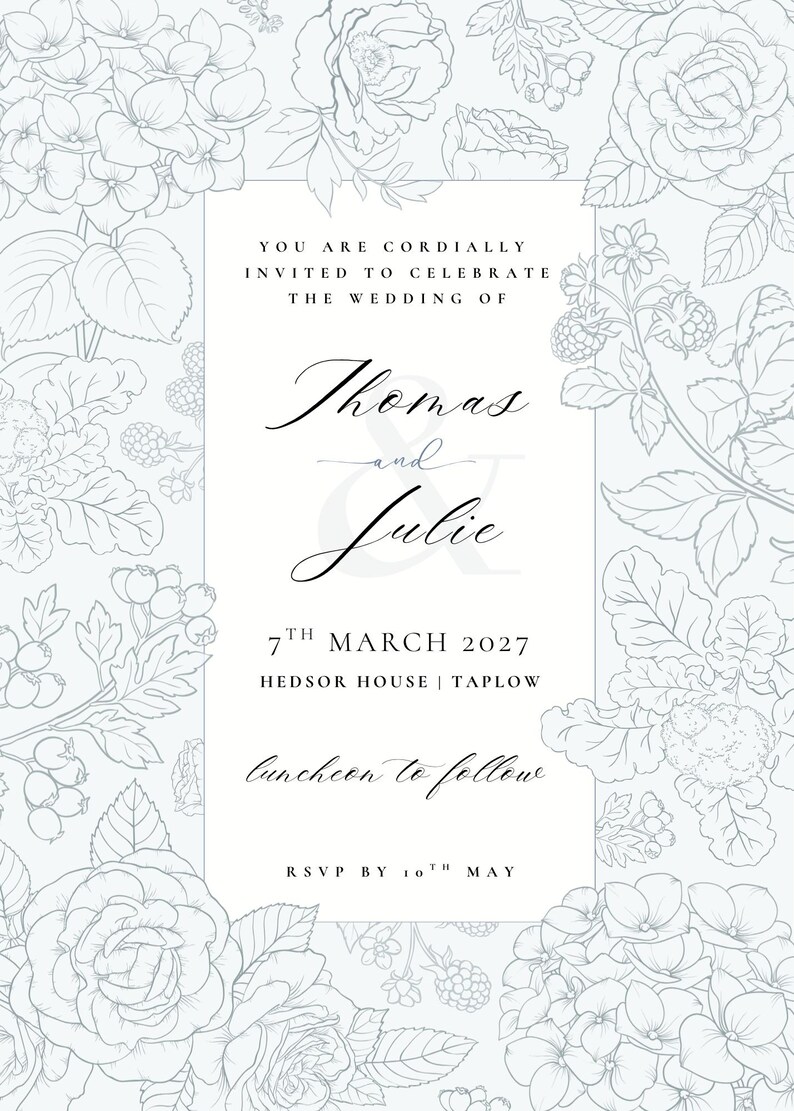 Hydrangeas & Roses Wedding Invitation Template | Romantic Botanical ...