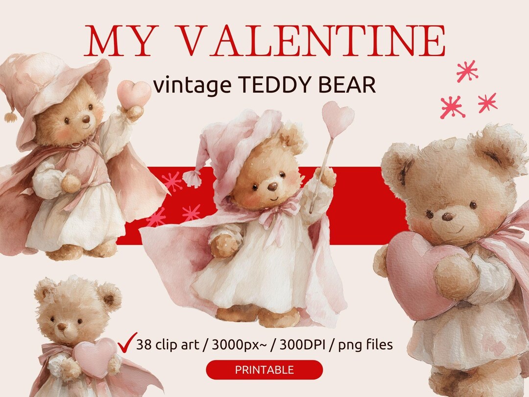 Valentine Teddy Bear Clipart Bundle | Watercolor PNG for Printable ...