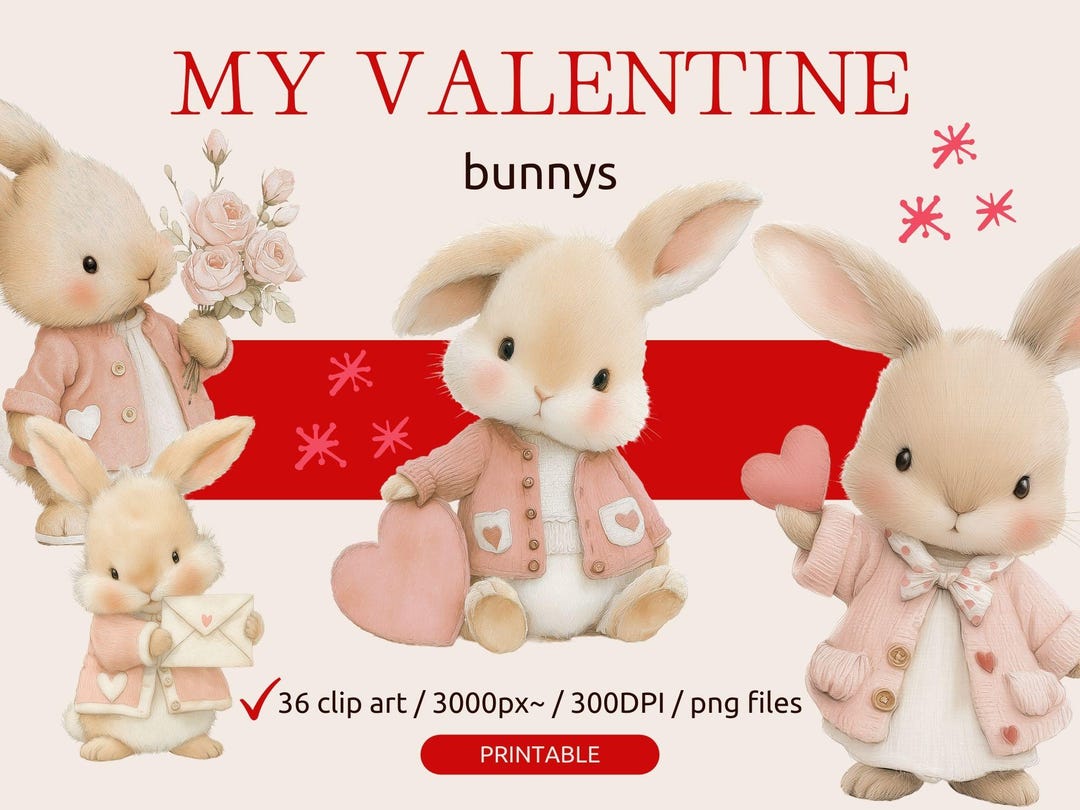 Valentine Bunny Clipart | Watercolor Rabbit PNG, Nursery Art (digital ...