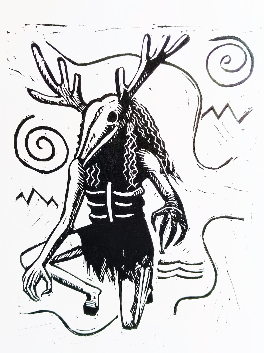 Wendigo Skinwalker Linocut Print - Etsy
