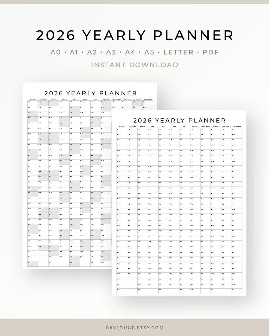 2026 Minimal Yearly Wall Planner Printable for Work From Home ...