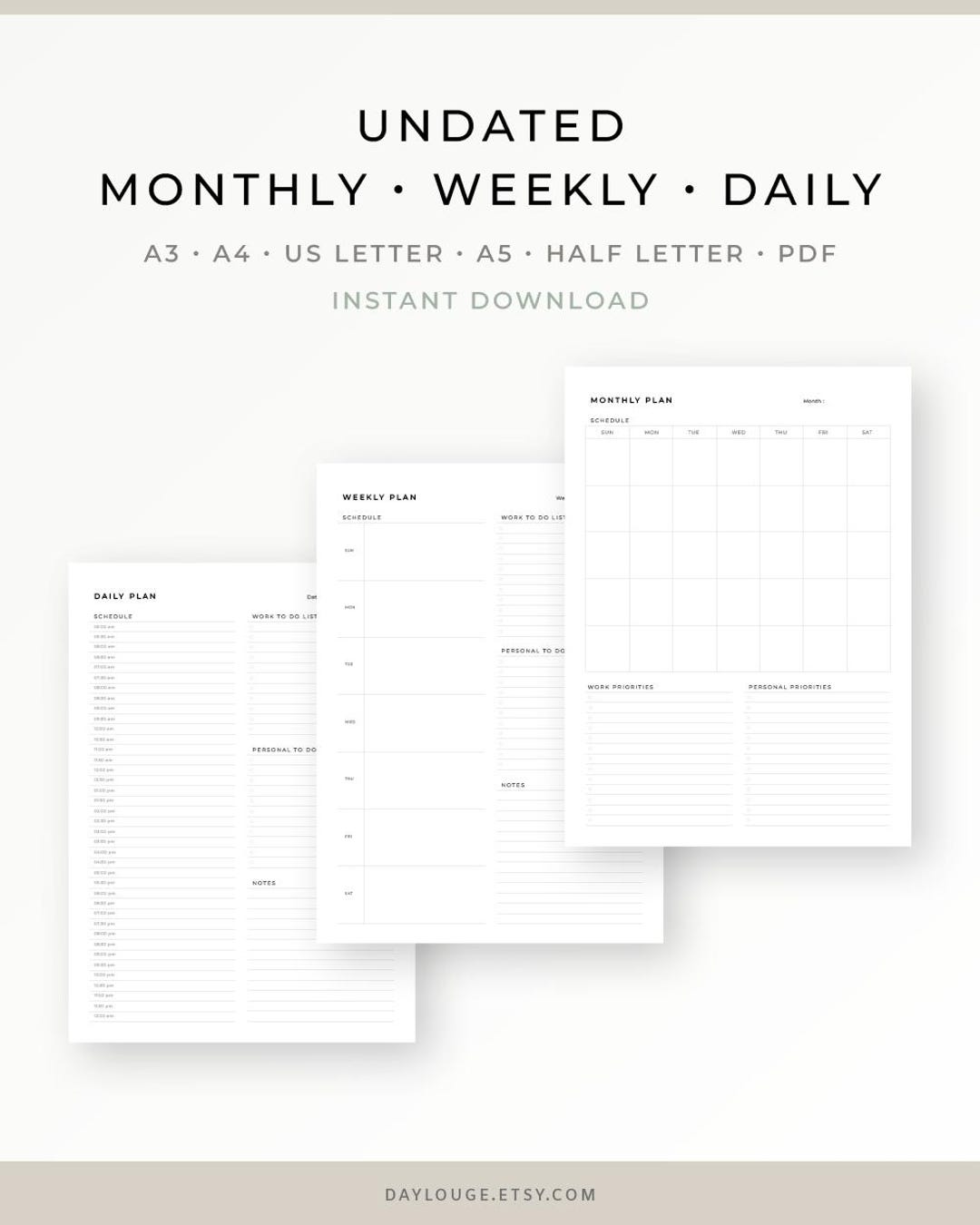 Undated Planner Bundle Printable Daily Weekly Monthly Planner Bundle ...