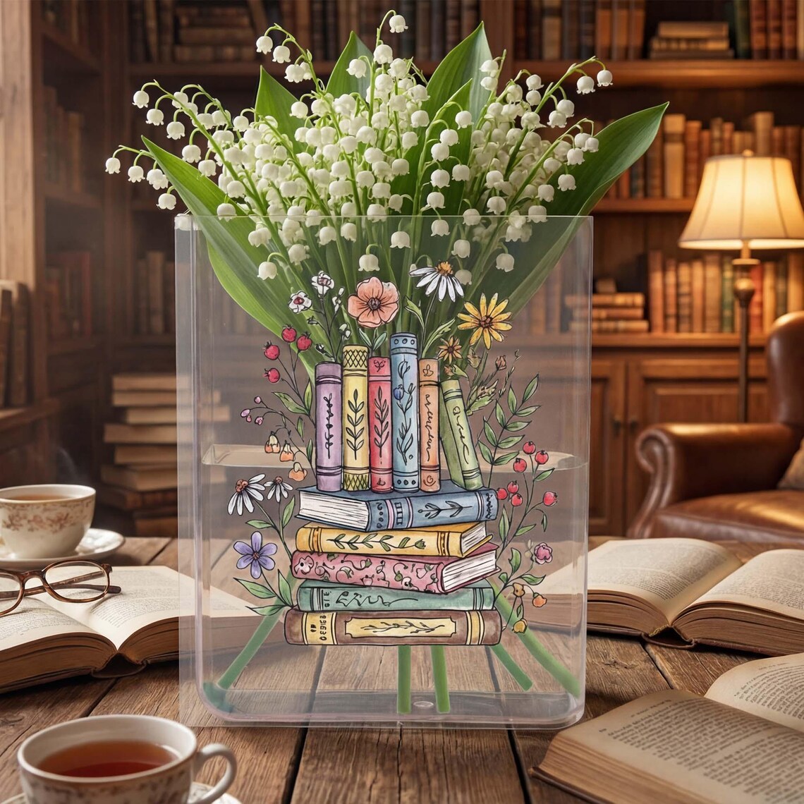 Book Lover Floral Books Book Vase, Stacked Books With Flowers Vase ...