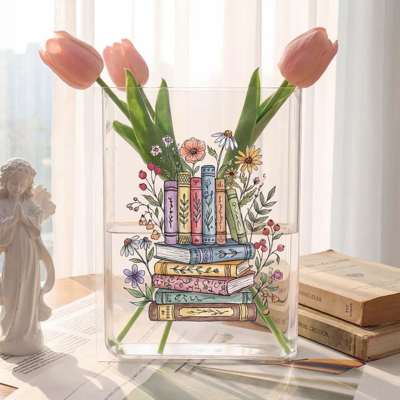 Book Lover Floral Books Book Vase, Stacked Books With Flowers Vase ...