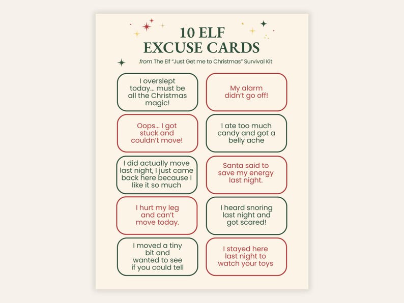 Funny Elf Excuse Cards • Printable Last-minute Notes (digital Download ...