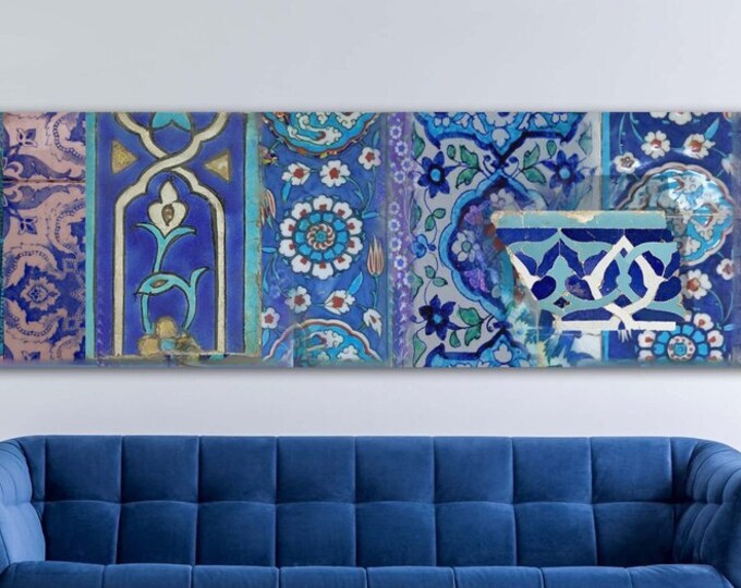 Turkish Blue Tiles Art Panorama Art Blue Teal Turquoise Bohemian Boho ...