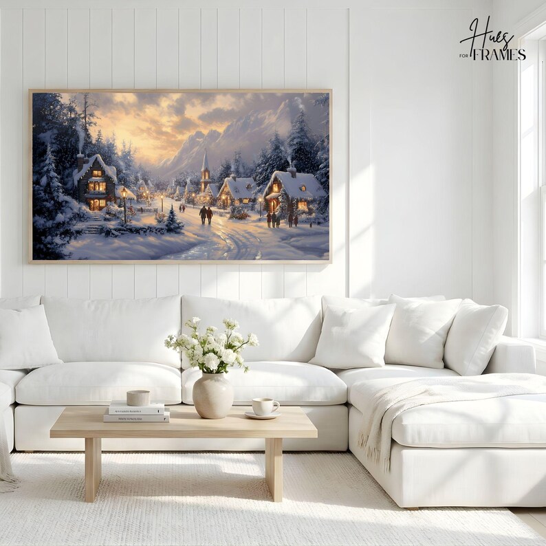 Winter Village Frame TV Art, Vintage Snowy Town Oil Painting, 4K ...