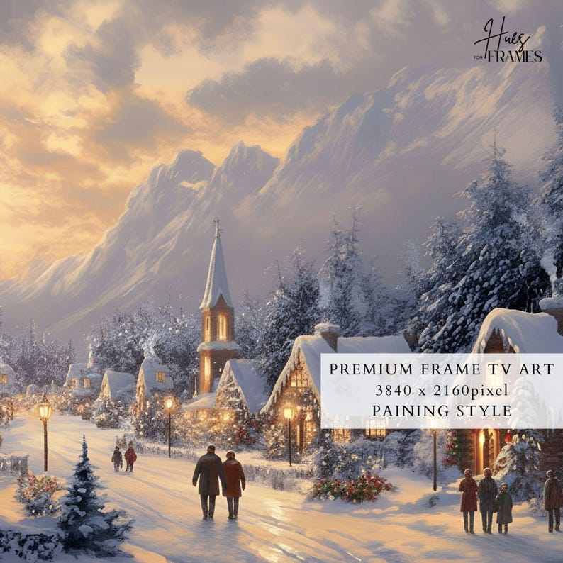 Winter Village Frame TV Art, Vintage Snowy Town Oil Painting, 4K ...