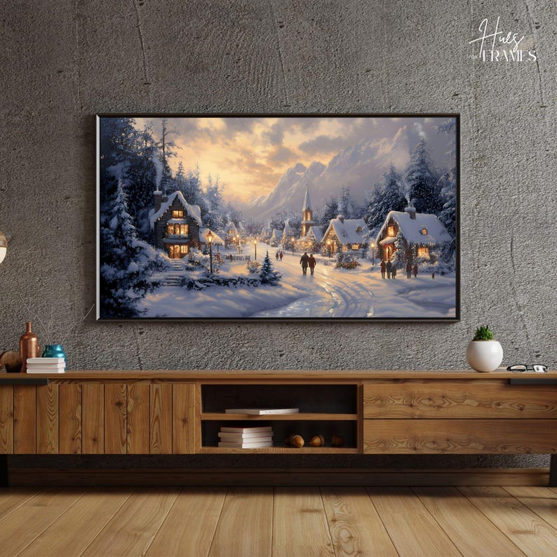 Winter Village Frame TV Art, Vintage Snowy Town Oil Painting, 4K ...