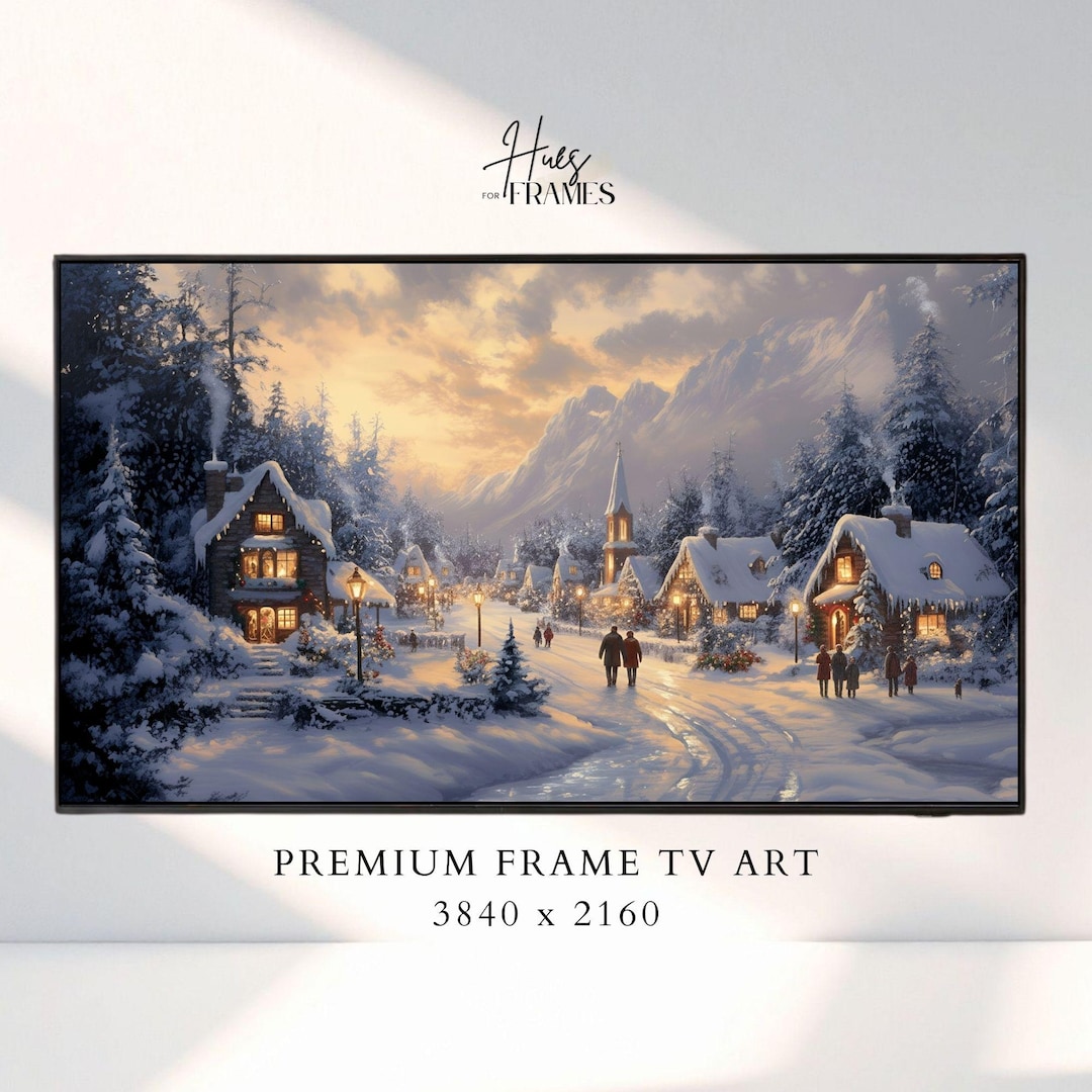 Winter Village Frame TV Art, Vintage Snowy Town Oil Painting, 4K ...