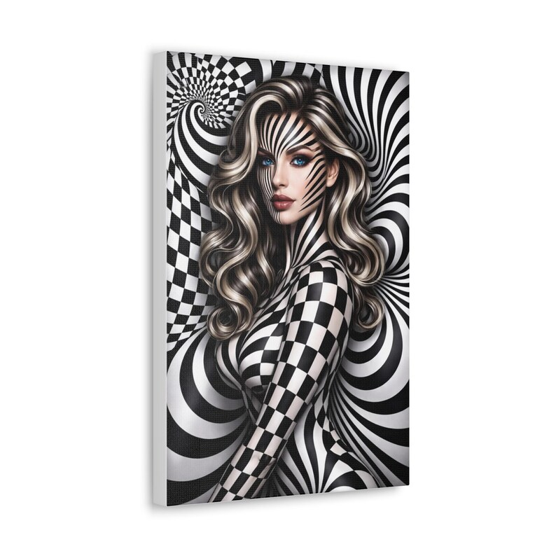 Op Art Femme Portrait Canvas | Black White Checkerboard Optical ...