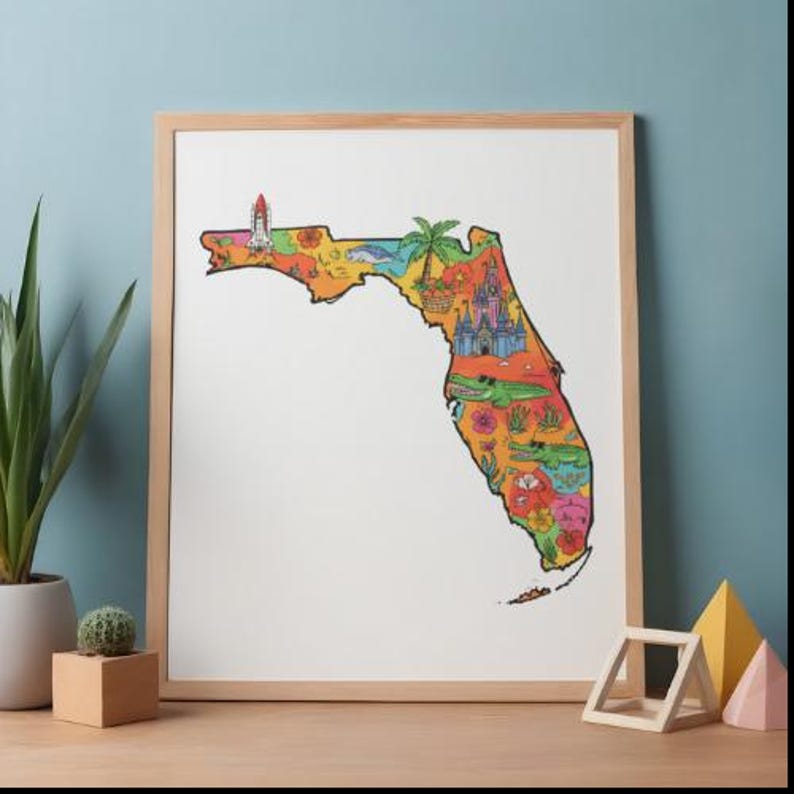 Florida Map Art Print, Colorful Illustrated Florida Wall Art, Sunshine ...