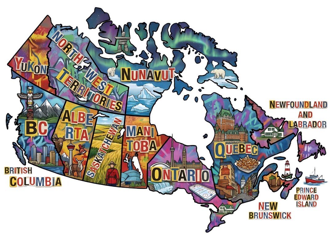 Impression d'art carte du Canada, art mural illustré coloré du Canada ...