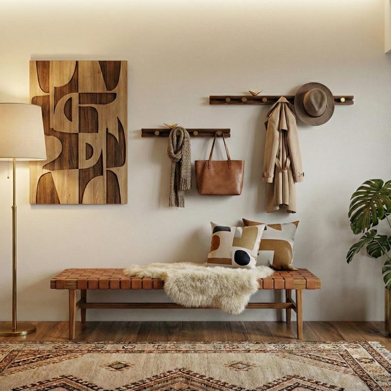 Solid Walnut Coat Rack With Adjustable Sliding Hooks & Brass Birds ...