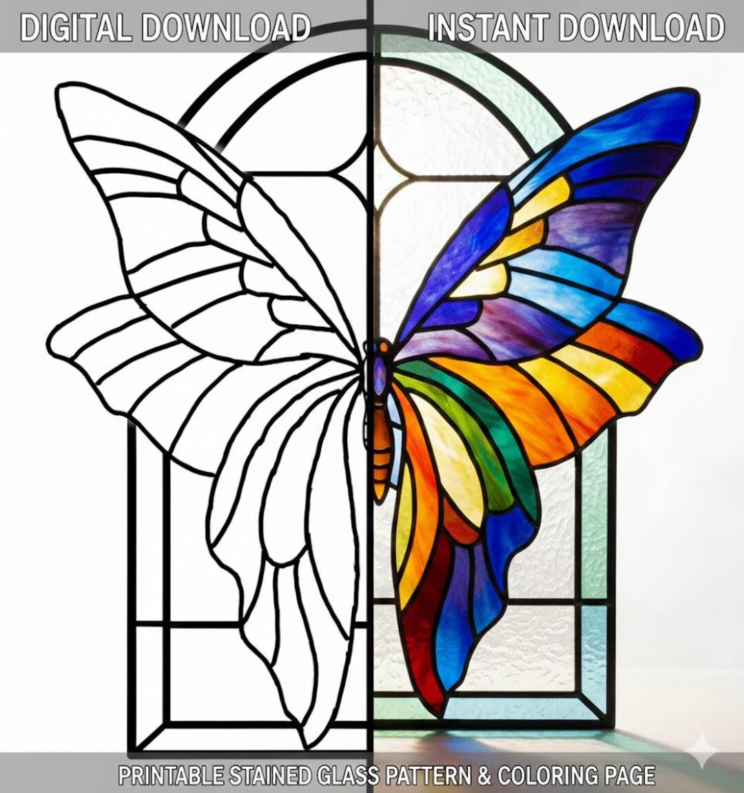 Stained Glass Butterfly Coloring Page | Printable Pattern, Digital ...