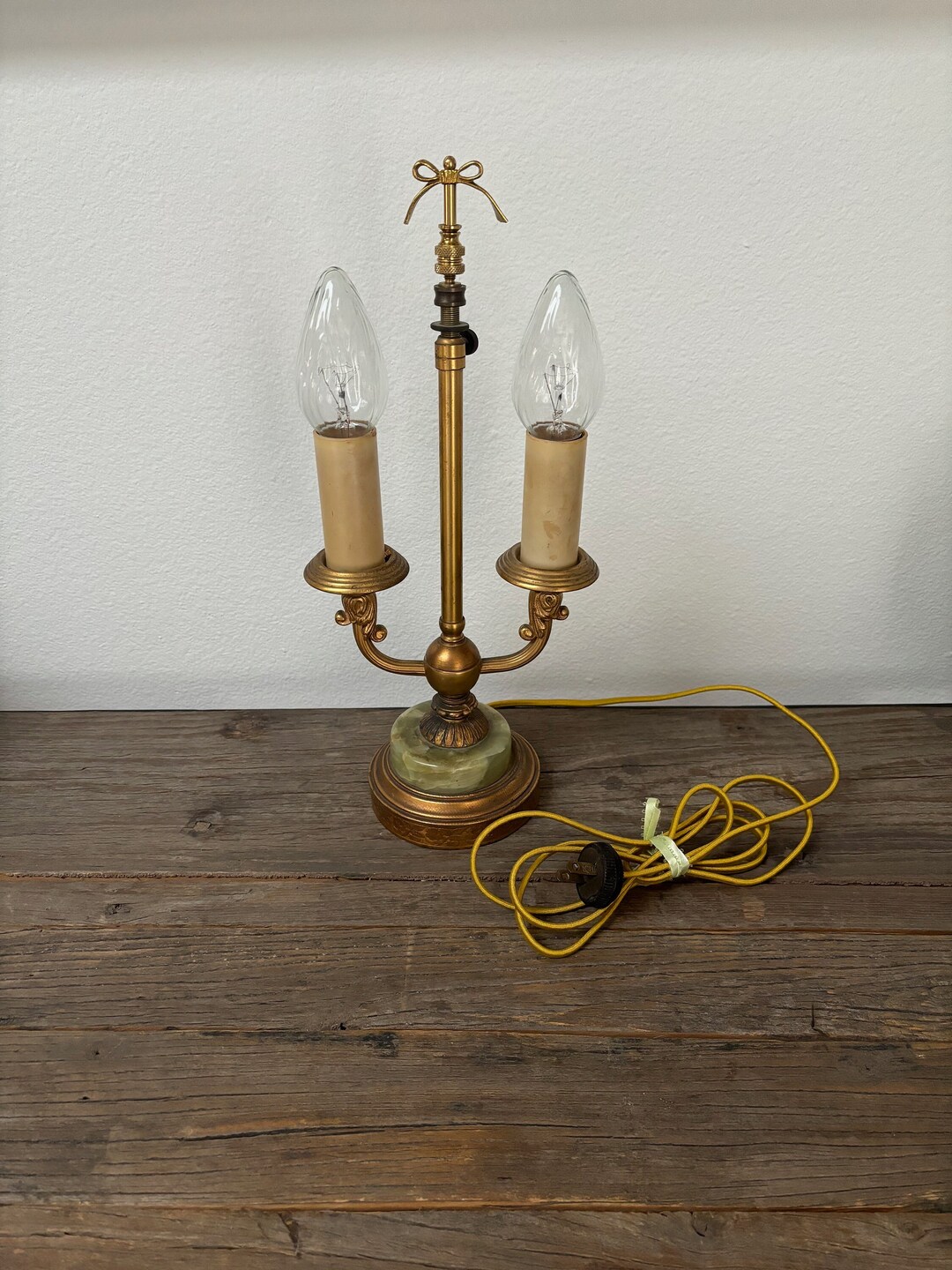 Vintage Small Gold Cast Metal Double Bulb Table Lamp With Green Onyx ...