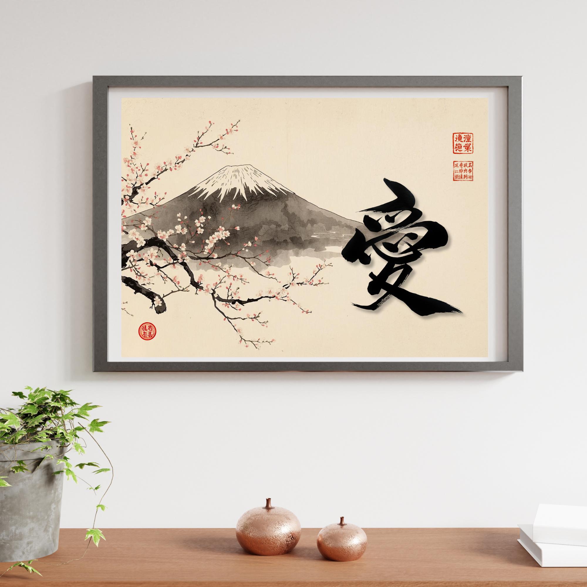 Japanese Calligraphy “ai (love)” Printable Art – Mount Fuji and Cherry ...