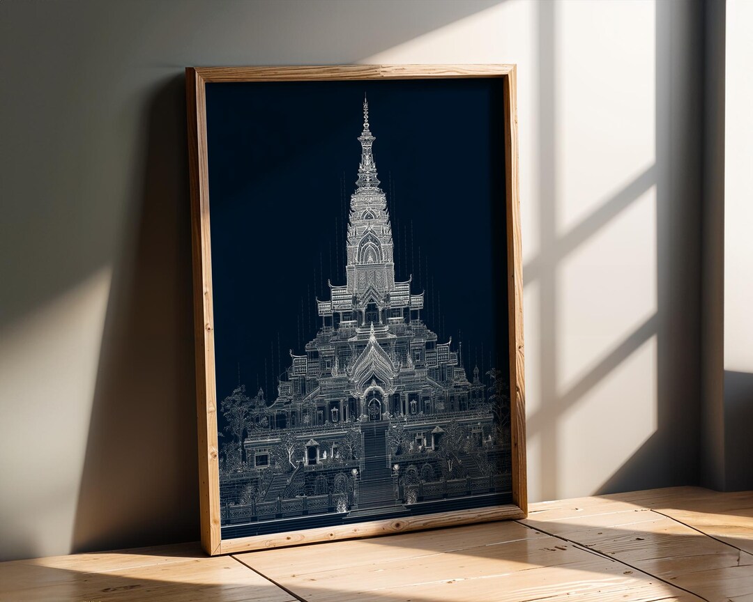 Temple Blueprint Architectural Wall Art | Detailed Line Drawing ...