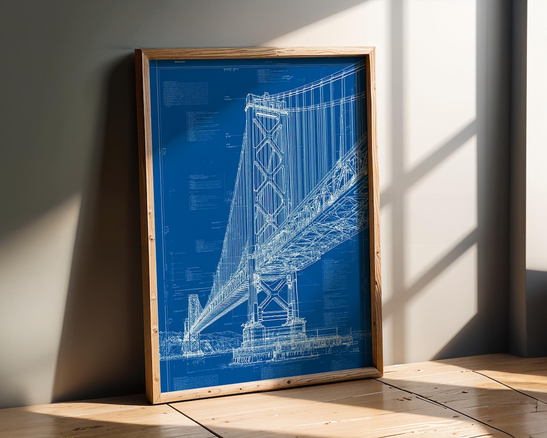 Blueprint Drawing Suspension Bridge Wall Art | Engineering Line Drawing ...