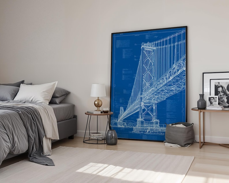Blueprint Drawing Suspension Bridge Wall Art | Engineering Line Drawing ...
