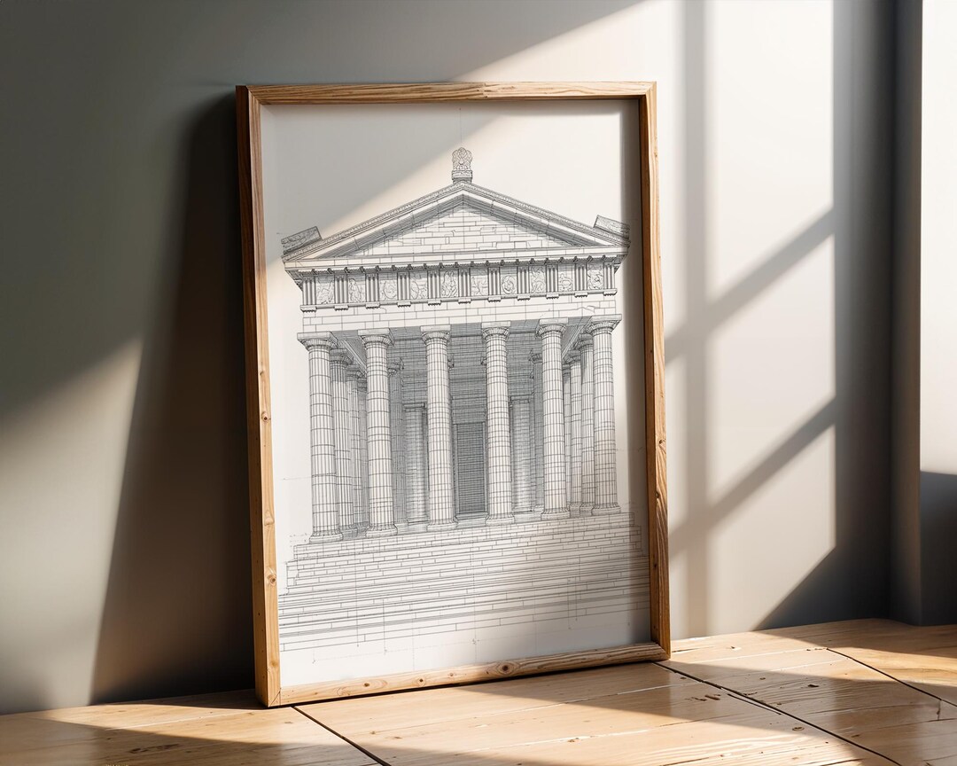 Neoclassical Temple Blueprint Wall Art | Architectural Line Drawing ...