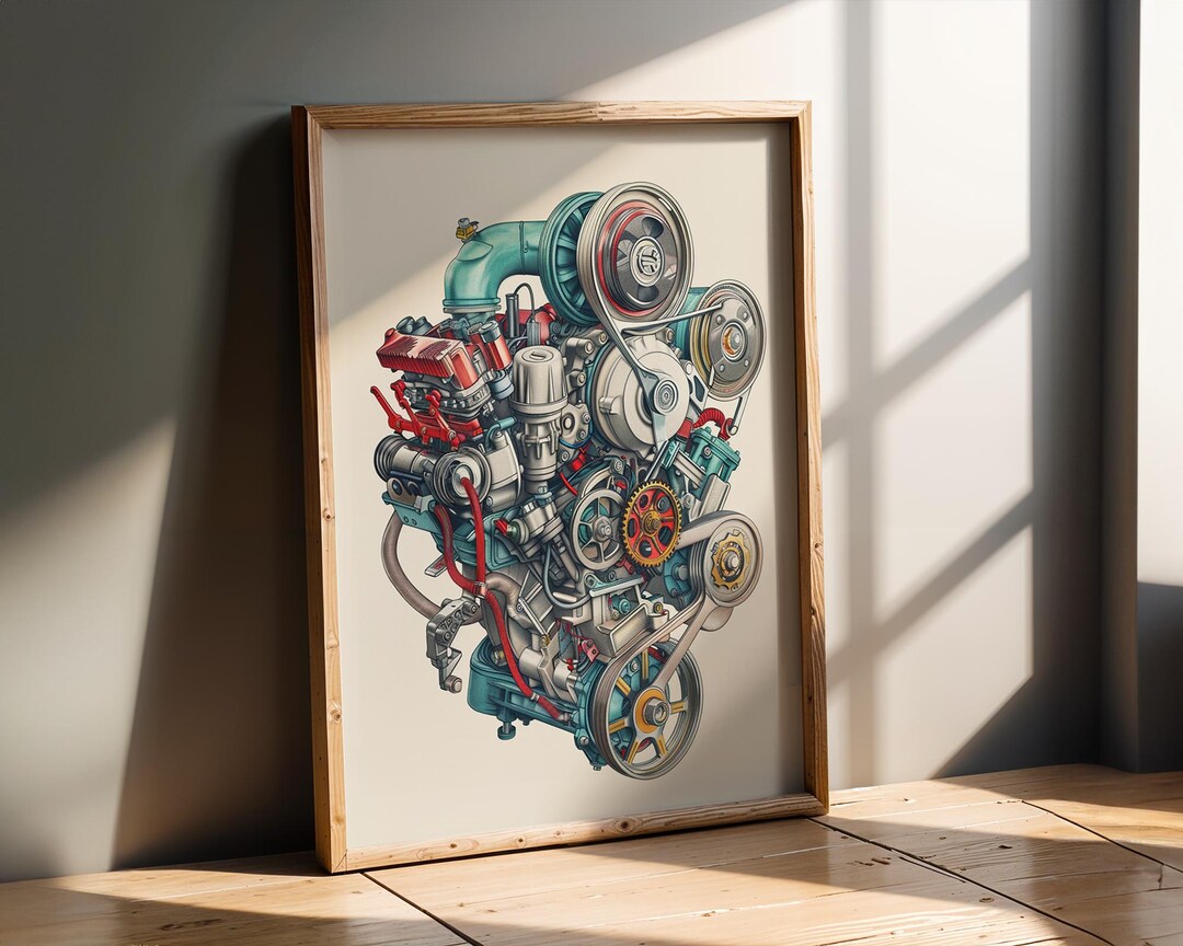 Vintage Style Engine Illustration – Detailed Mechanical Diagram Wall ...