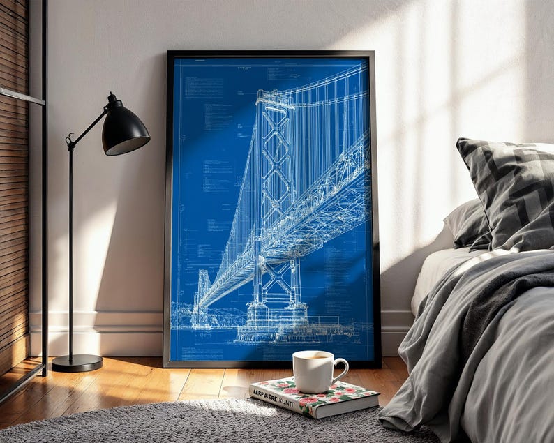 Blueprint Drawing Suspension Bridge Wall Art | Engineering Line Drawing ...