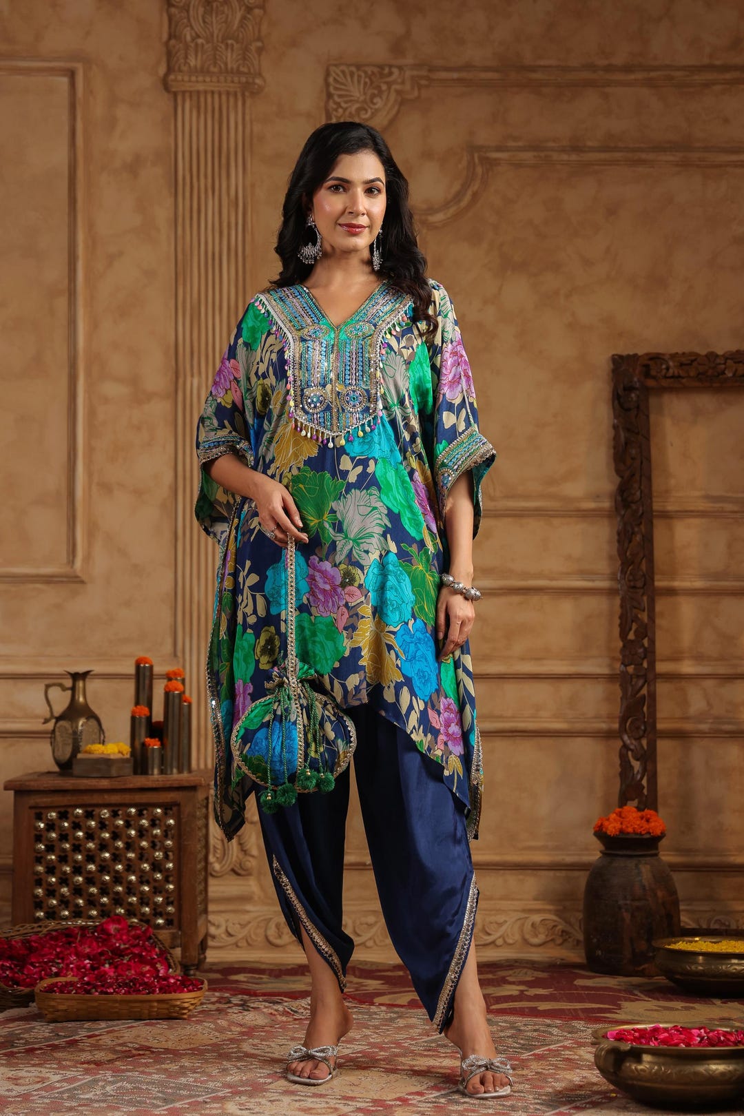 Embroidered Printed Silk Kaftan Set Dress Indian Designer Boho ...