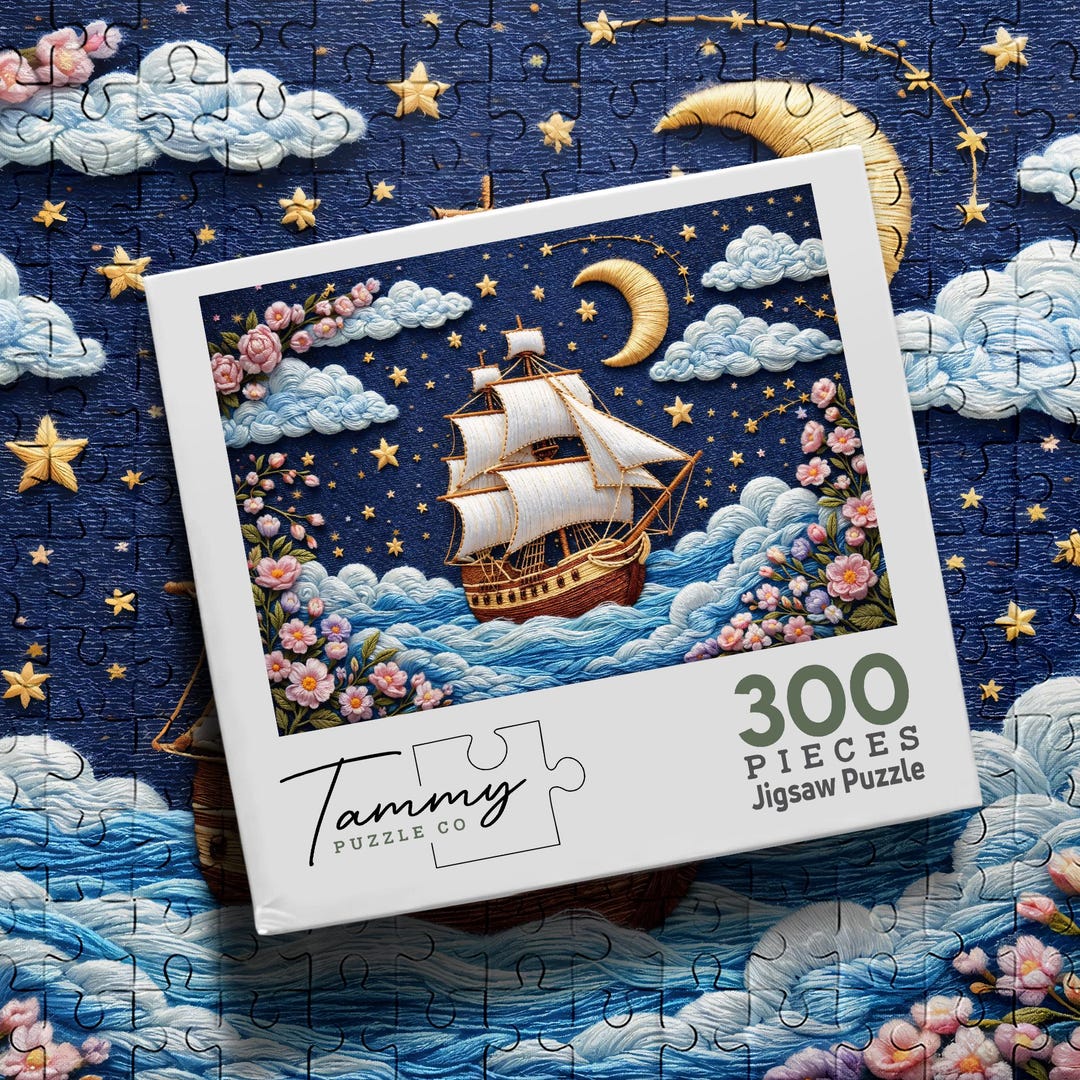 Embroidered Sailing Ship Puzzle – Night Ocean & Moon Sky – Textile Art ...