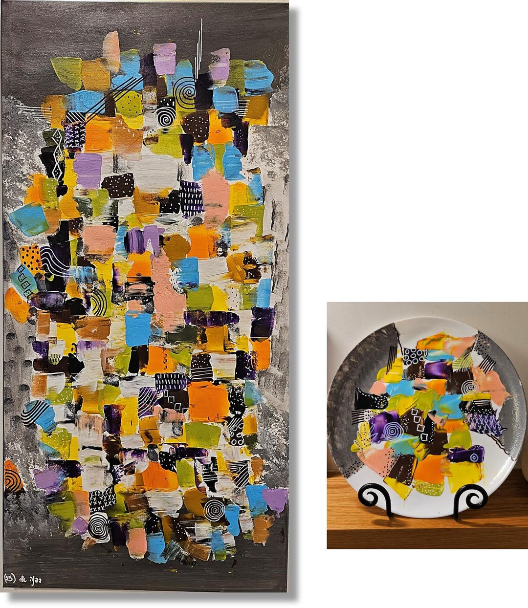 Colorful Abstract and Painted Plate on Gray #73 - Etsy