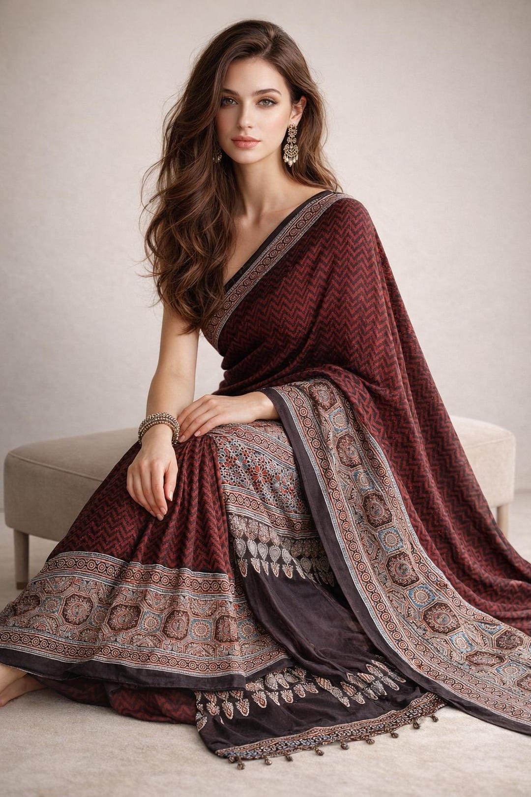Red Black Ajrakh Hand Block Print Cotton Saree Traditional Ajrak ...