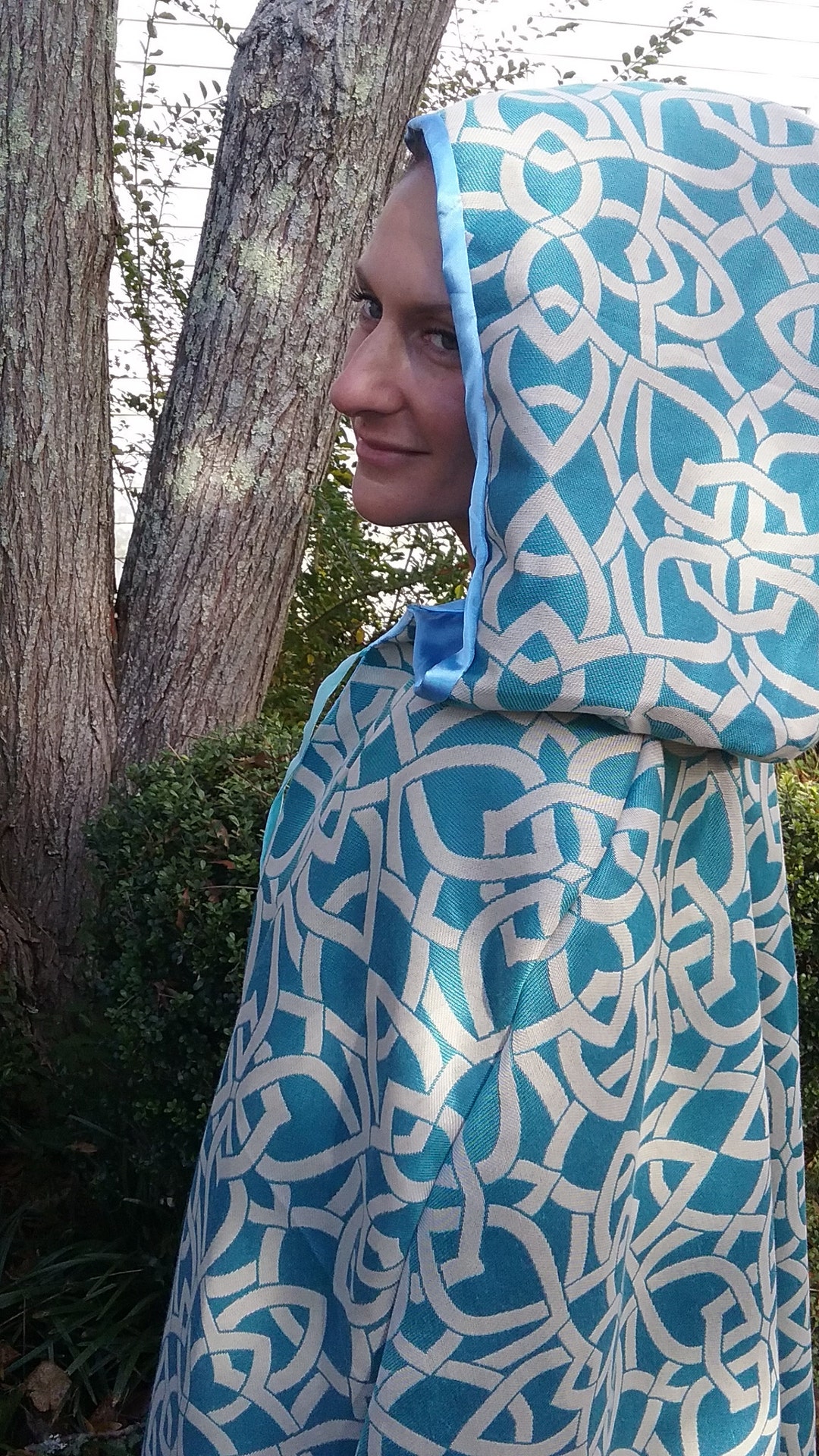 Celtic Knot Hooded Cape: Turquoise & Cream Lined Cloak, Pewter Clasp - Etsy