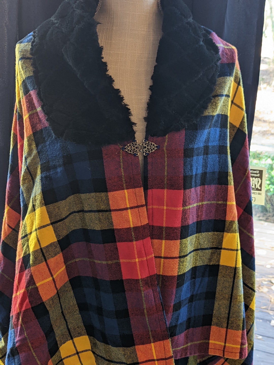 PONCHO Cotton Flannel/tartan, Home-sewn Ruana One Size, Black/red,blue ...