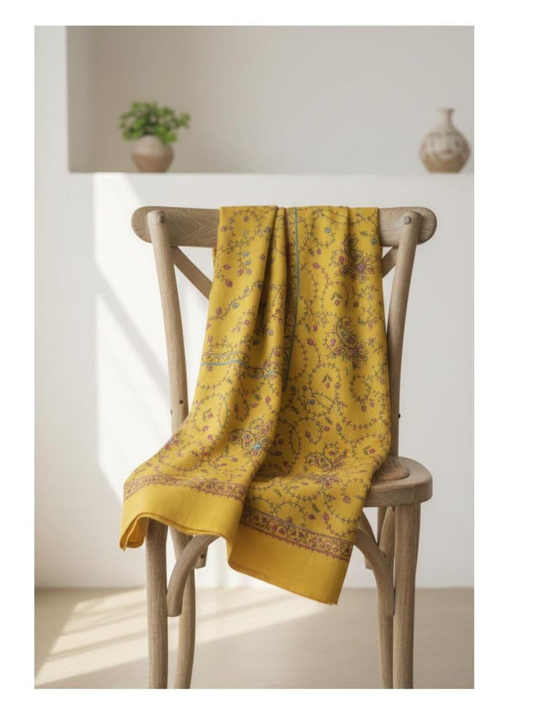 Artisanal Mustard Yellow Pashmina Shawl – Hand-embroidered Kashmiri ...