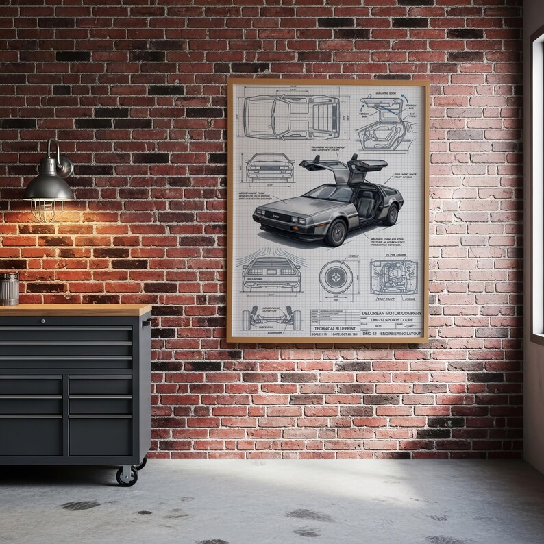 Delorean DMC-12 Blueprint Art | Retro Car Technical Drawing (digital ...